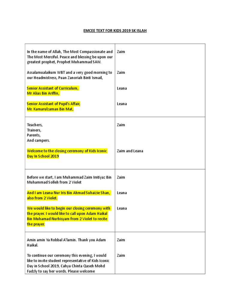 Primary School English Camp Emcee Script | PDF