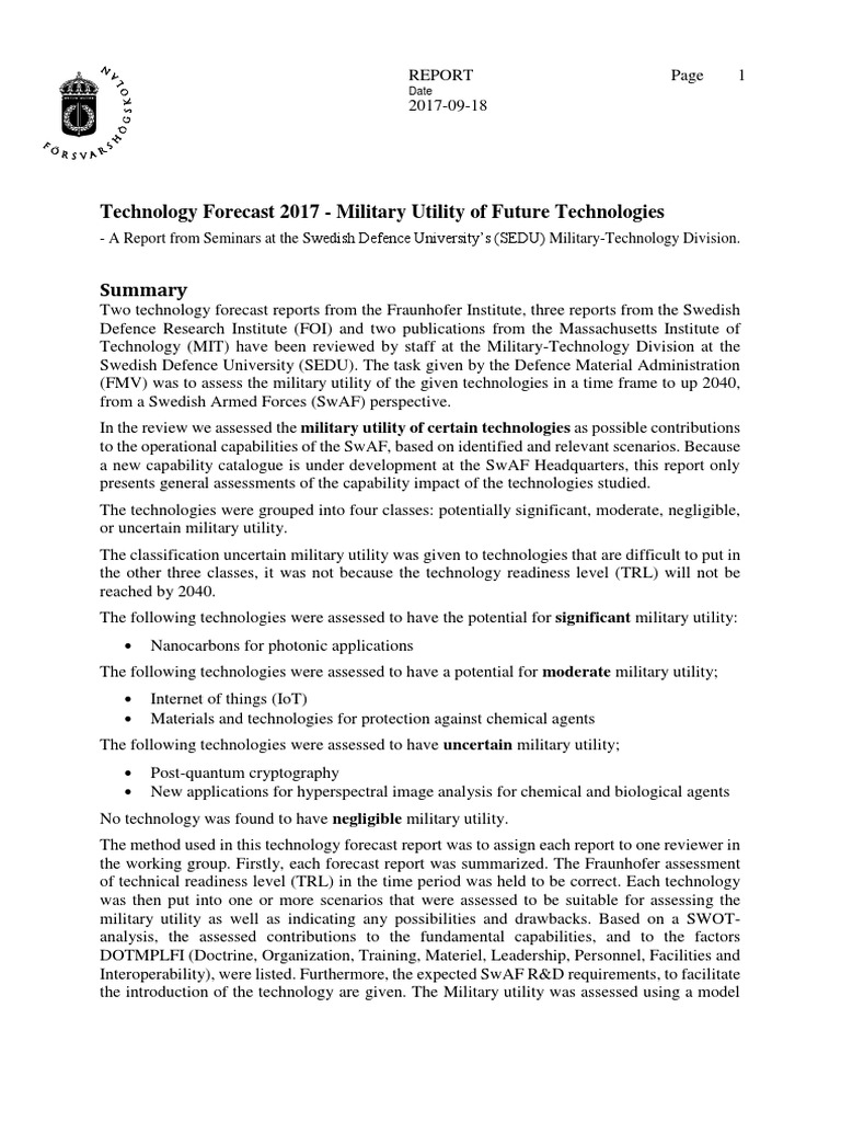 Technology Forecast 2017 - Military Utility of Future Technologies ...
