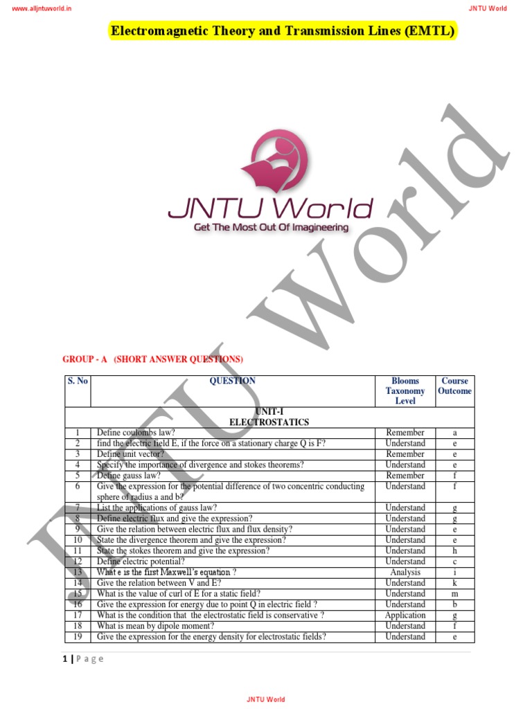 Emtl Important Questions | PDF | Transmission Line | Electric Field