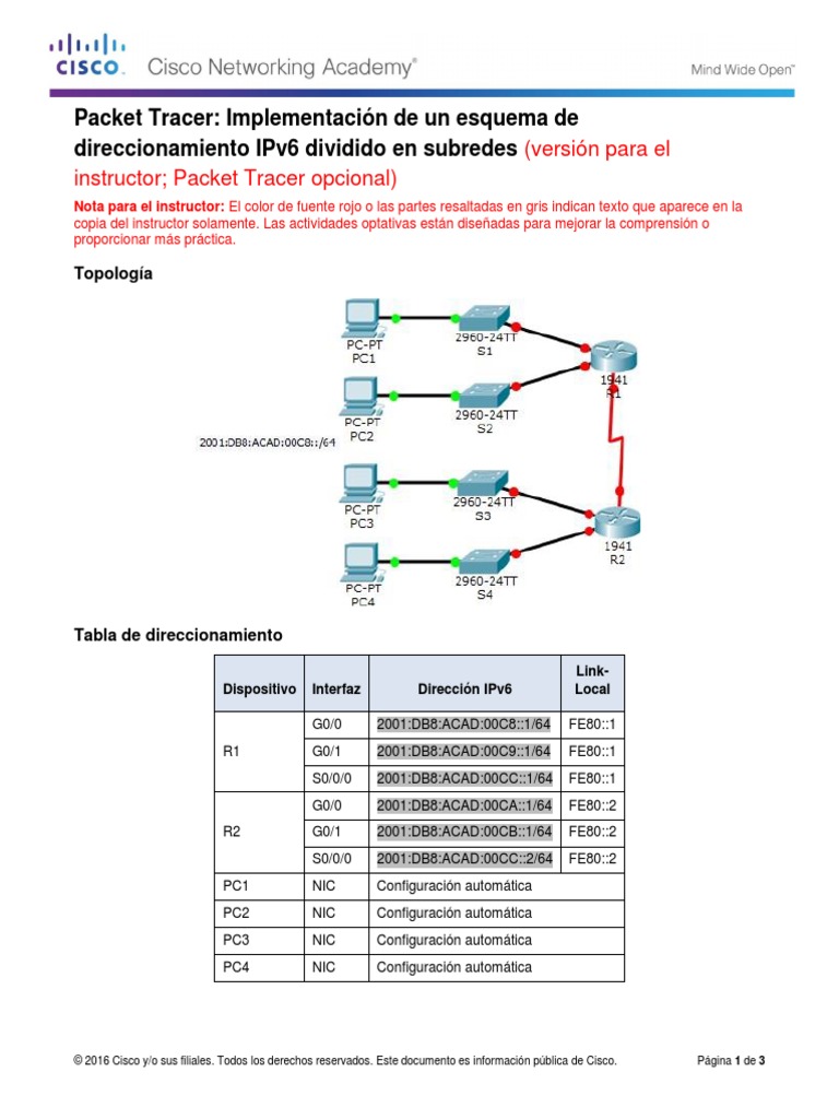 8.3.1.4 Packet Tracer - Implementing A Subnetted IPv6 Addressing Scheme - ILM | PDF | Yo Pv6 ...