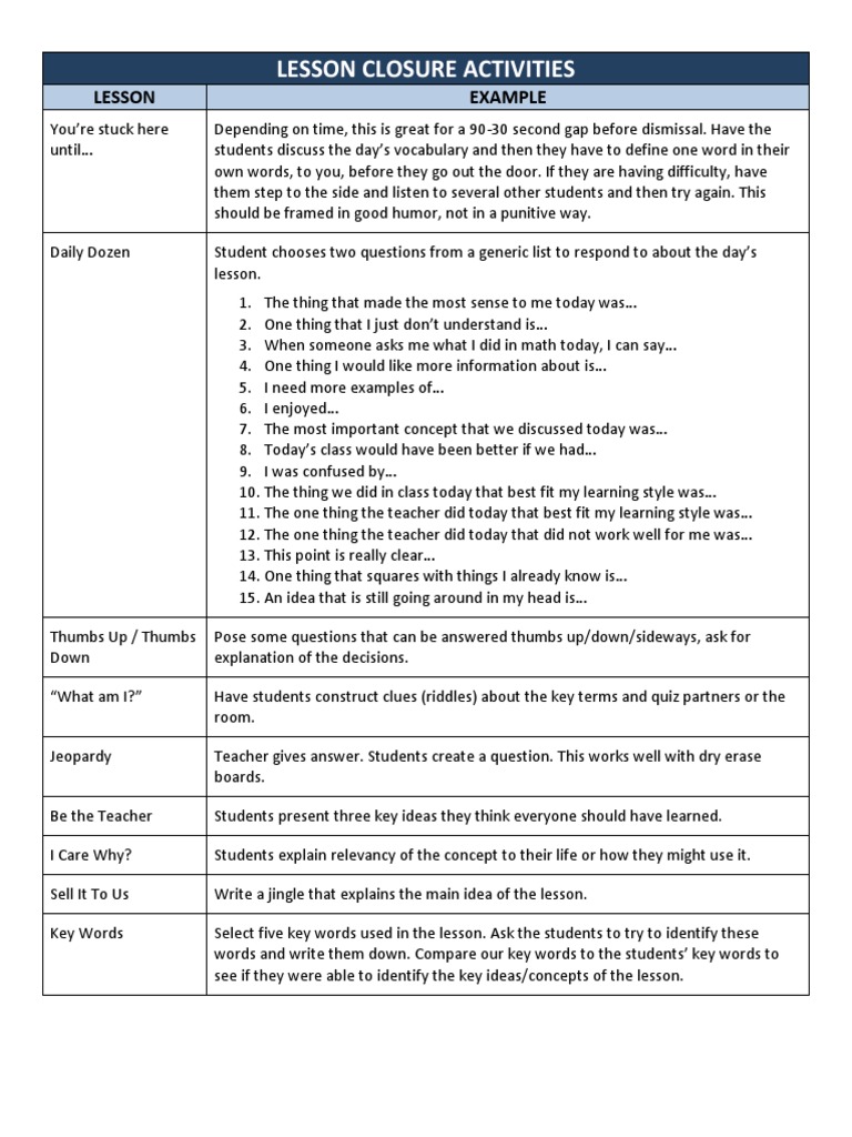 Lesson Closure Activities PDF | PDF | Question | Neuropsychology
