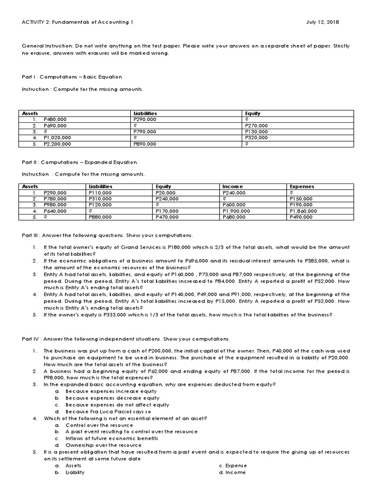 ACTIVITY 2-Fundamentals of Accounting 1 | PDF | Equity (Finance) | Expense
