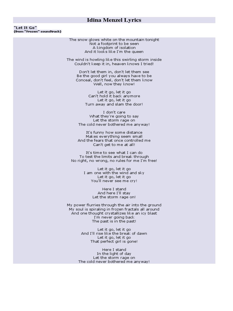 Idina Menzel Lyrics Let It Go | PDF