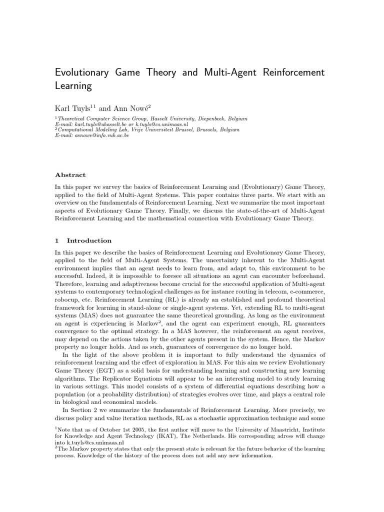 Evolutionary Game Theory and Multi-Agent Reinforcement Learning | PDF ...
