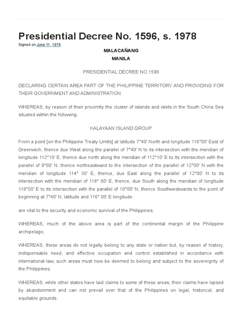 Presidential Decree No. 1596, S. 1978 - Official Gazette of The ...