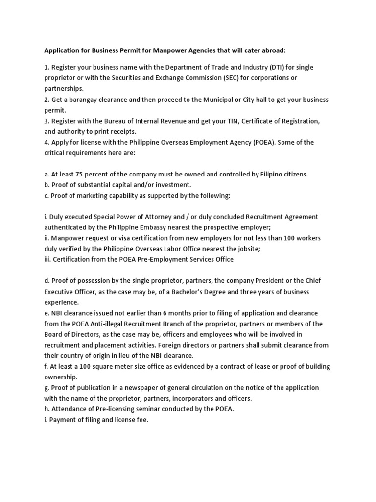 Application For Business Permit For Manpower Agencies That Will Cater ...