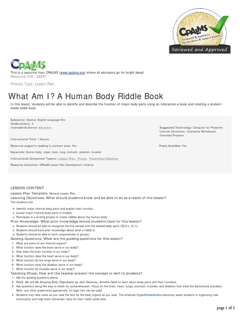 What Am I? A Human Body Riddle Book: Resource ID#: 28851 Primary Type ...
