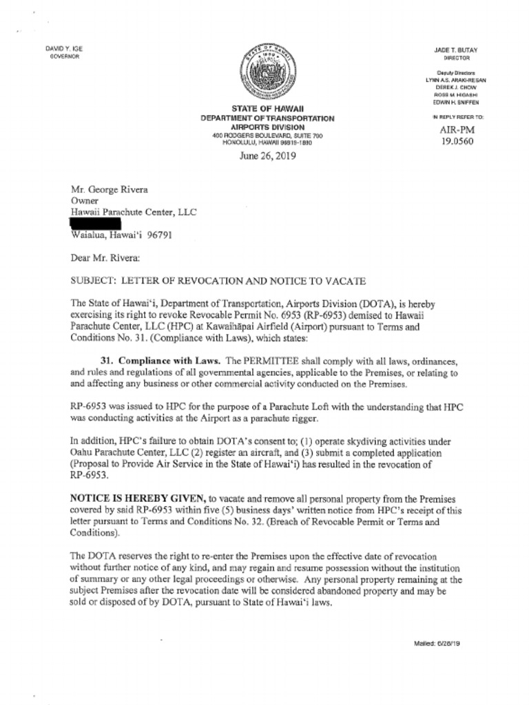 Hawaii Parachute Center Letter of Revocation | PDF