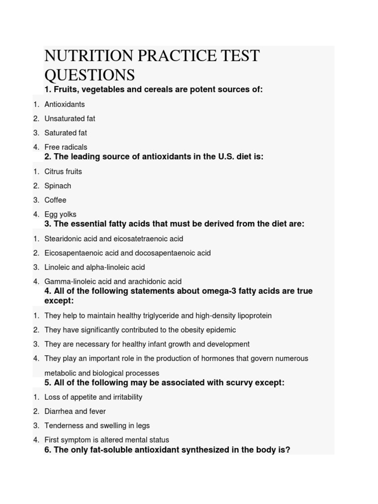 Nutrition Practice Test Questions | PDF | Vitamin | Vitamin D
