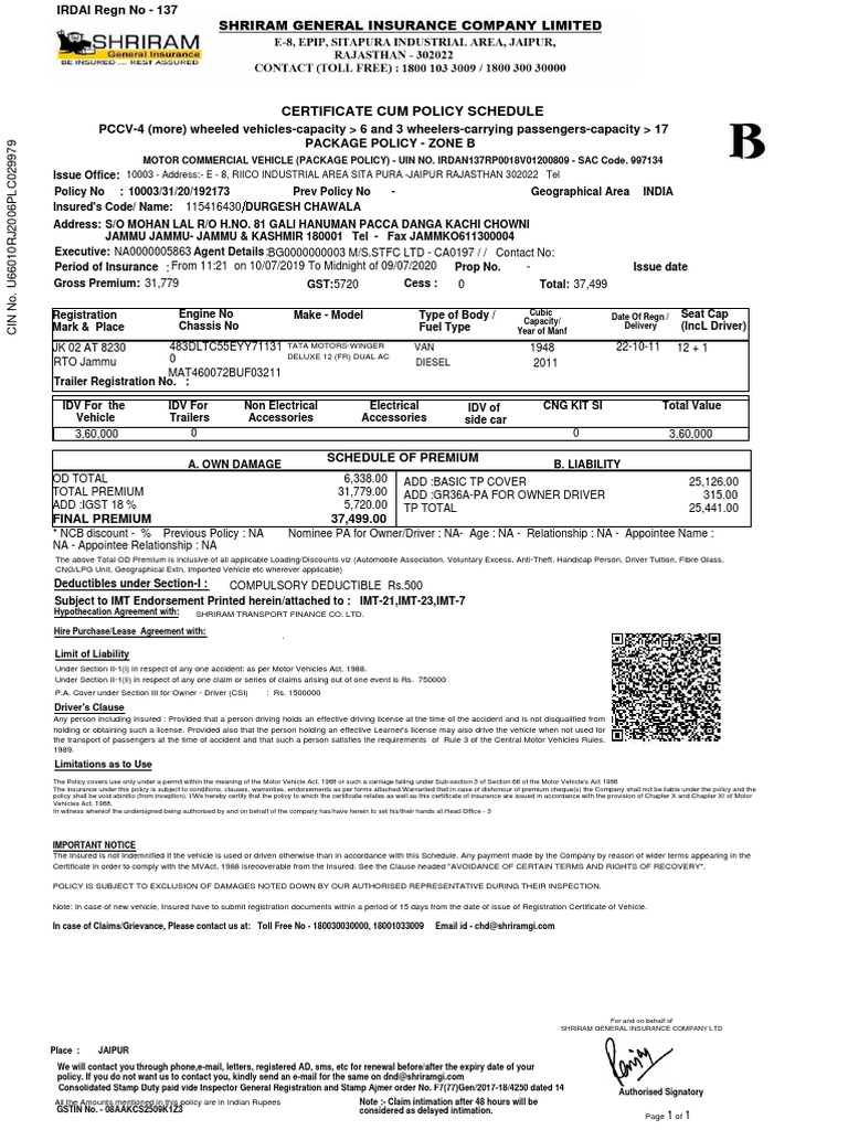 Insuring a Tata Winger Van Carrying 12 Passengers: Certificate and ...