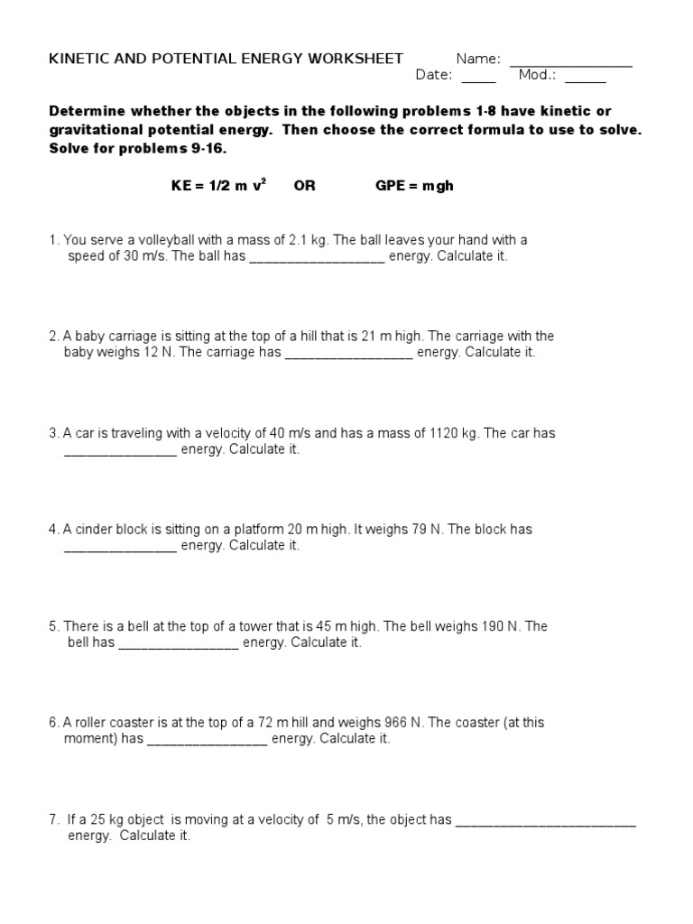 Kinetic and Potential Energy Worksheet | PDF