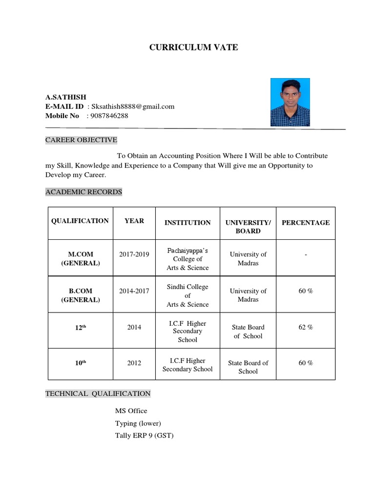Curriculum Vate: A.Sathish Mobile No: 9087846288 | Download Free PDF ...