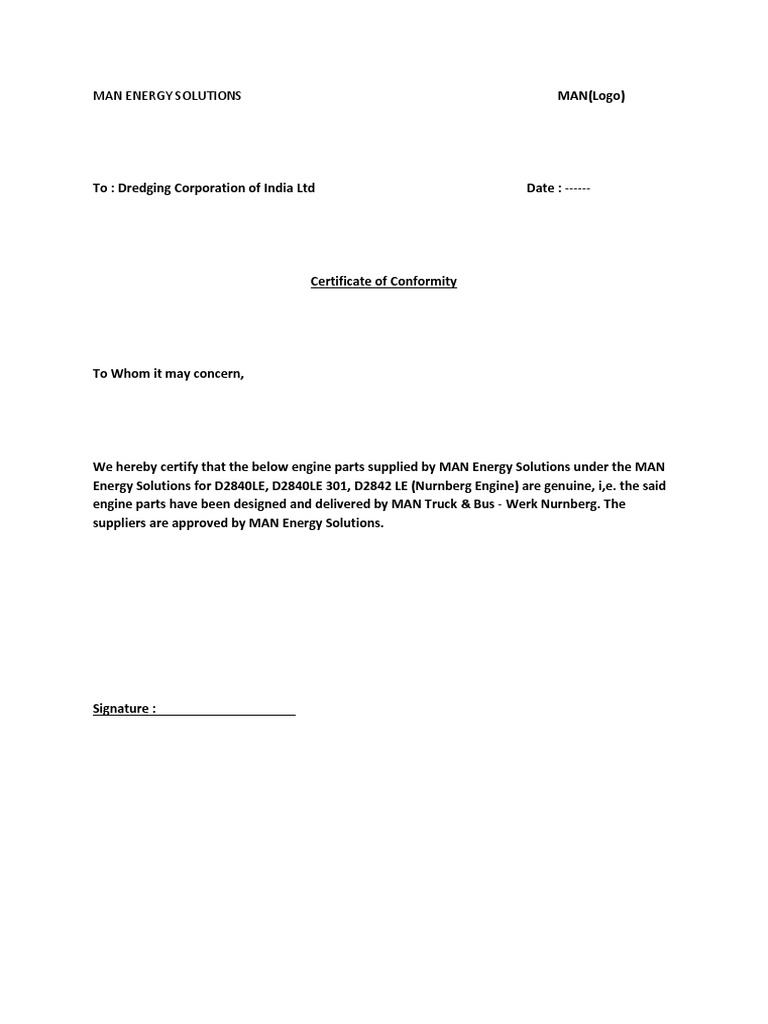 Sample Certificate of Confirmity | PDF