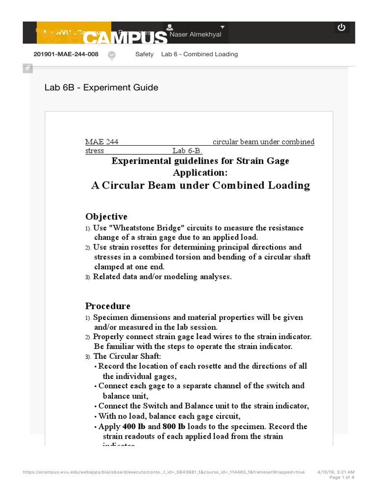Lab 6B - Experiment Guide - 201901-MAE-244-008 | PDF | Bending | Beam ...