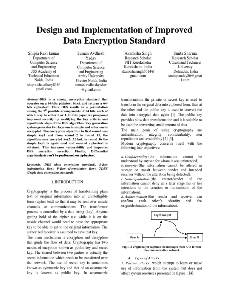 Design And Implementation Of Improved Data Encryption Standard Pdf Cryptography Cryptanalysis