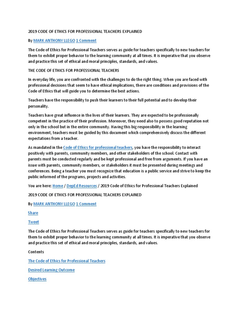 2019 Code of Ethics For Professional Teachers Explained | PDF ...
