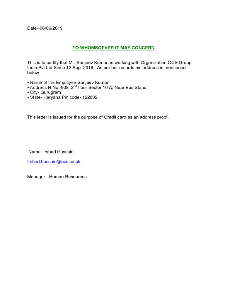 Address Proof Certificate for Sanjeev Kumar | PDF