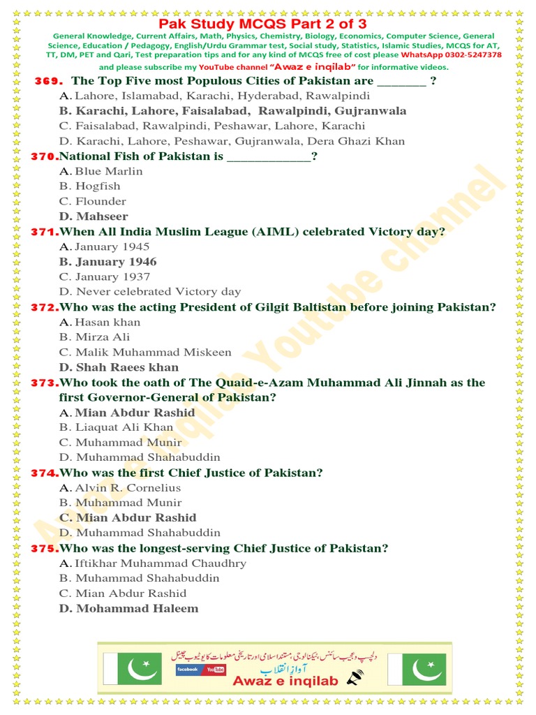 Pak Study Mcqs Part 2 | PDF | Muhammad Ali Jinnah | Pakistan