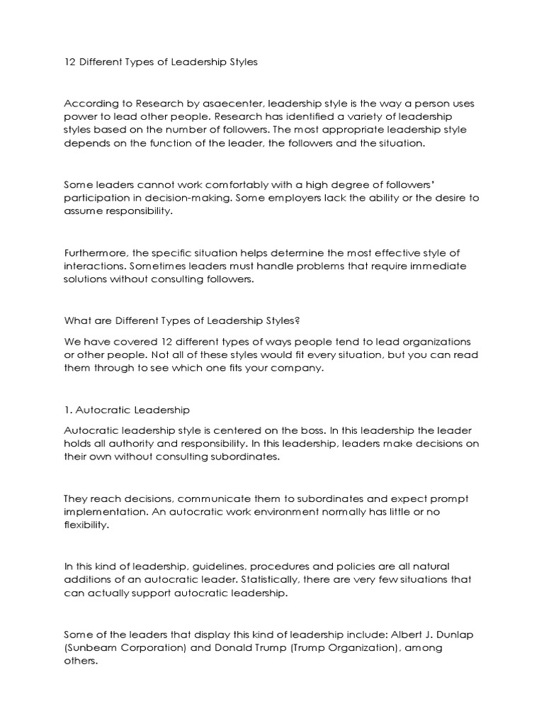 12 Types of Leadership Styles Explained | PDF | Transformational ...