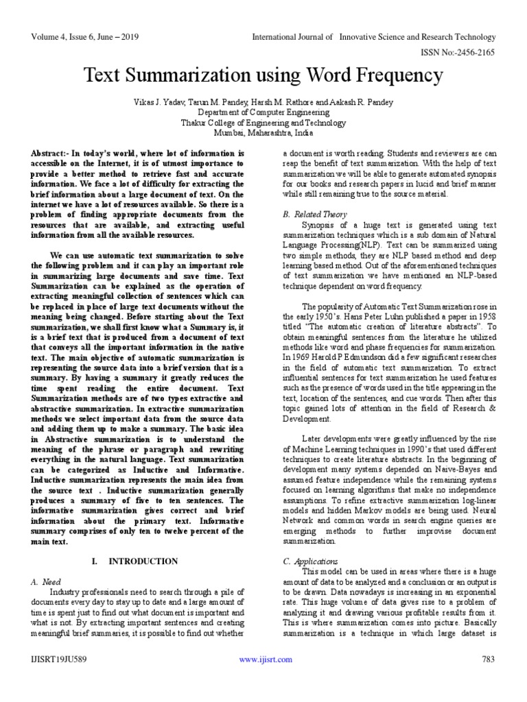 Text Summarization Using Word Frequency | PDF | Cybernetics | Areas Of Computer Science