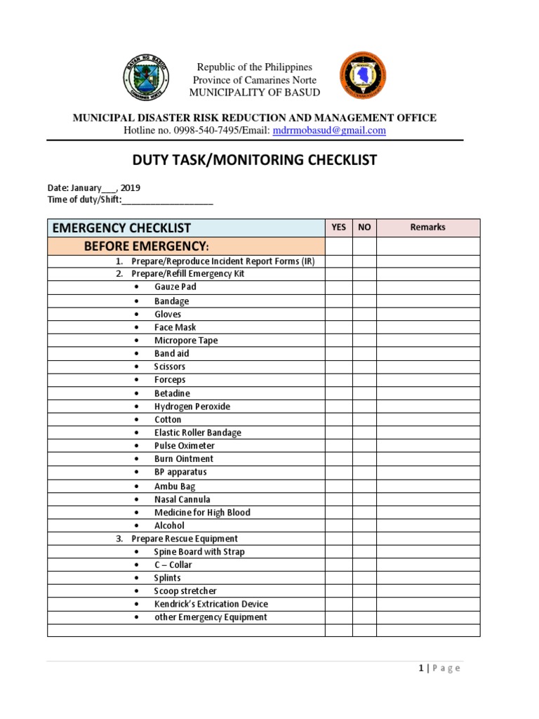 Duty Task/Monitoring Checklist: Emergency Checklist Before Emergency | PDF