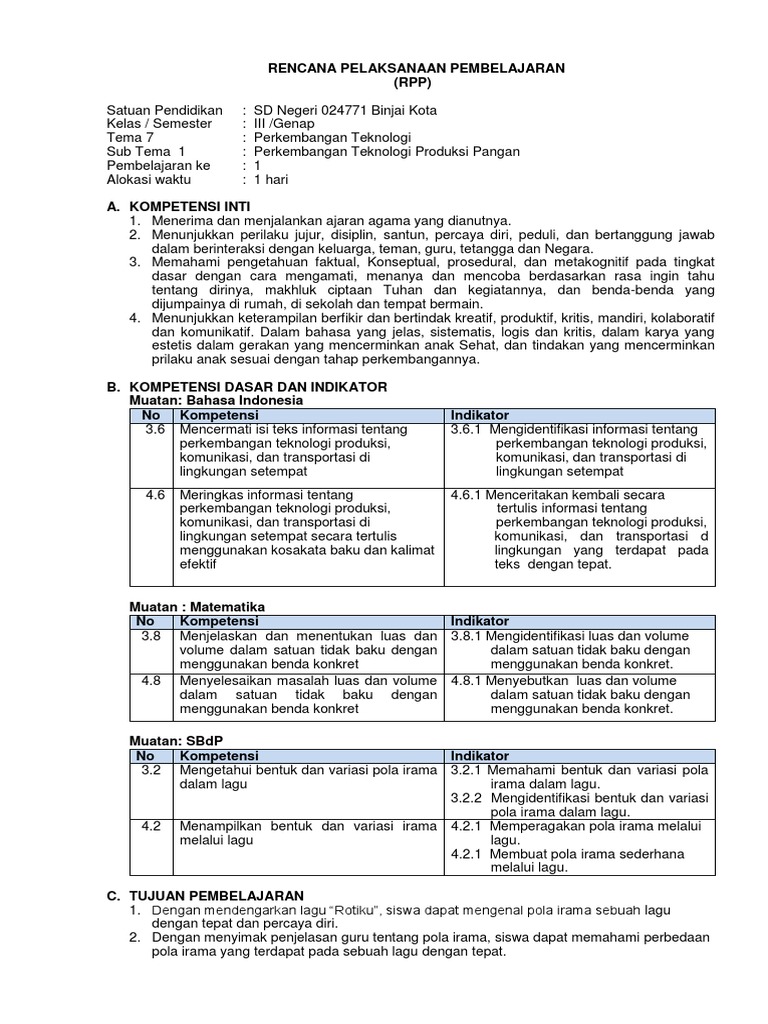 RPP Kelas 3 Tema 7 Sub 1 Pemb 1 | PDF