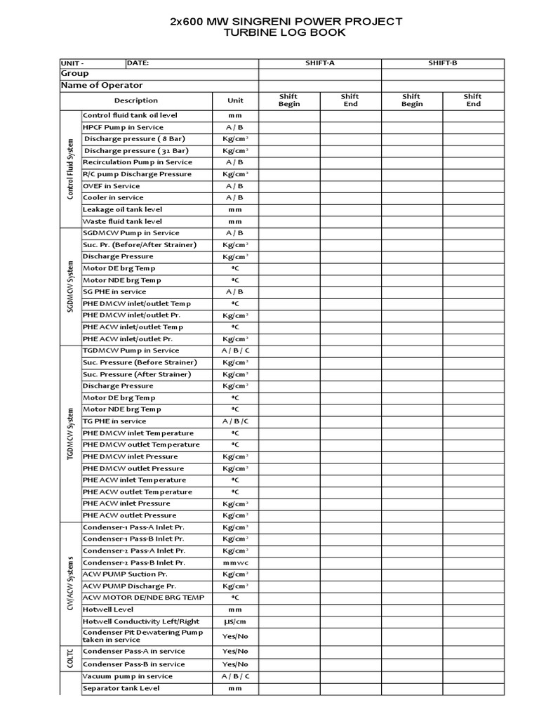 Singreni Power Project Turbine Log Book | PDF | Vacuum | Pump