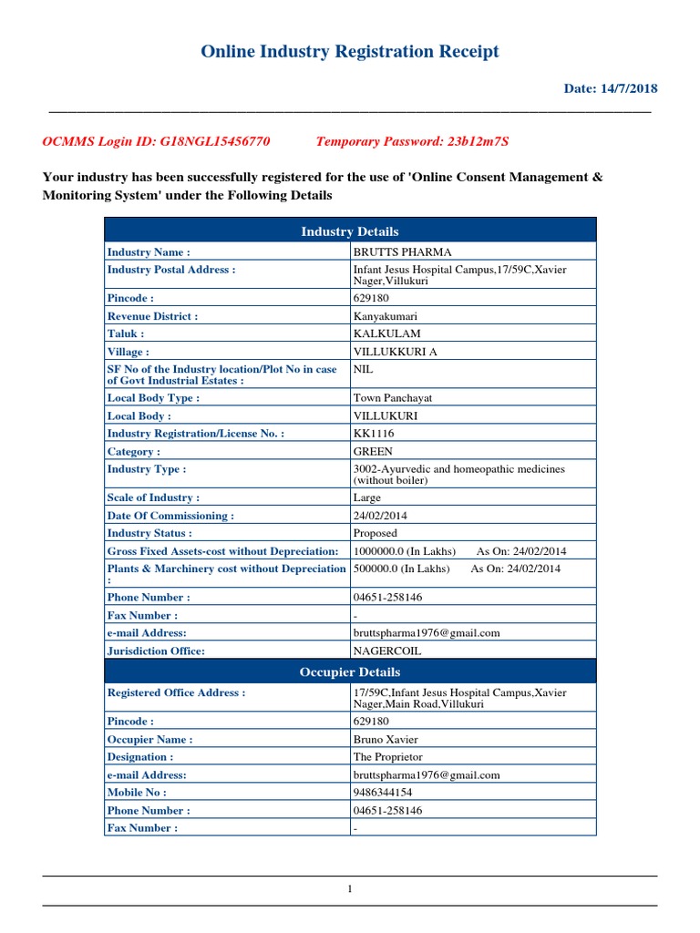 Online Industry Registration Receipt: OCMMS Login ID: G18NGL15456770 ...