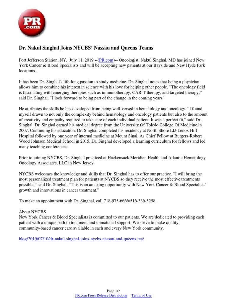 Dr. Nakul Singhal Joins NYCBS' Nassau and Queens Teams | PDF | Physician | Medical School