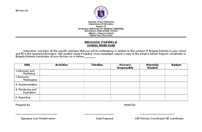 Be Form 2 School Work Plan | PDF