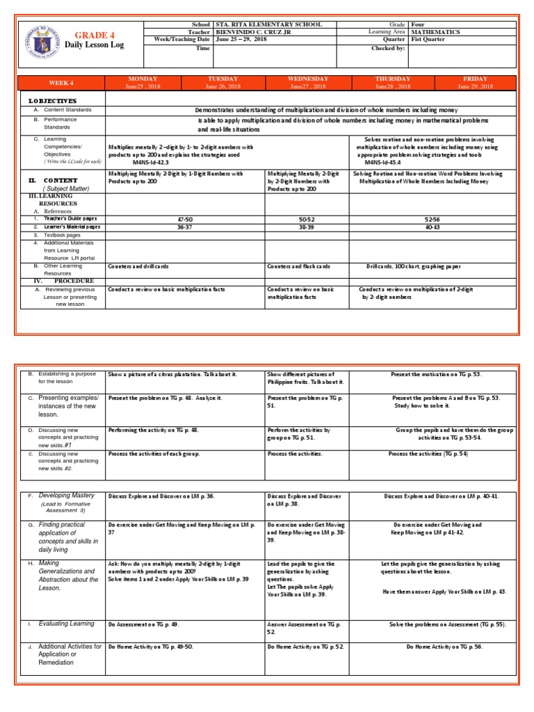 Grade 4 DLL Quarter 1 Week 4 (Sir Bien Cruz) | PDF | Multiplication ...