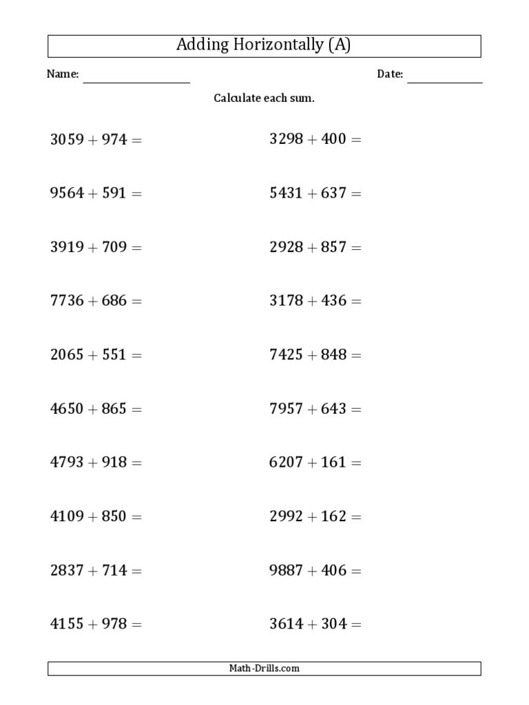 Adding Horizontally (A) : Name: Date: Calculate Each Sum | PDF