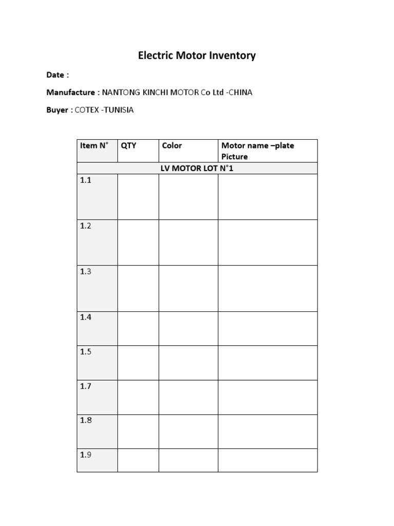 Electric Motor Inventory: Date: Manufacture: Nantong Kinchi Motor Co ...