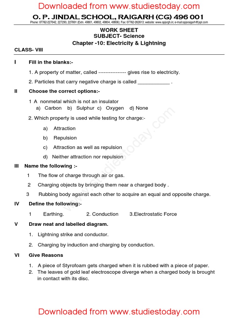 Class 8 Science: Electricity & Lightning Worksheet | PDF | Electric ...