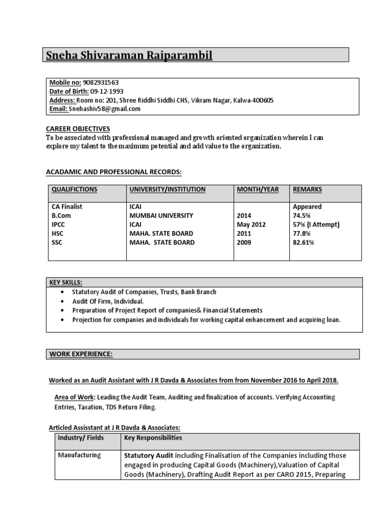 Sneha Resume PDF | PDF | Audit | Taxes