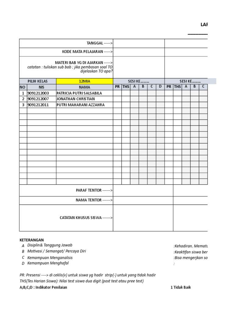 Laporan Absensi Siswa Bimbel Excel | PDF
