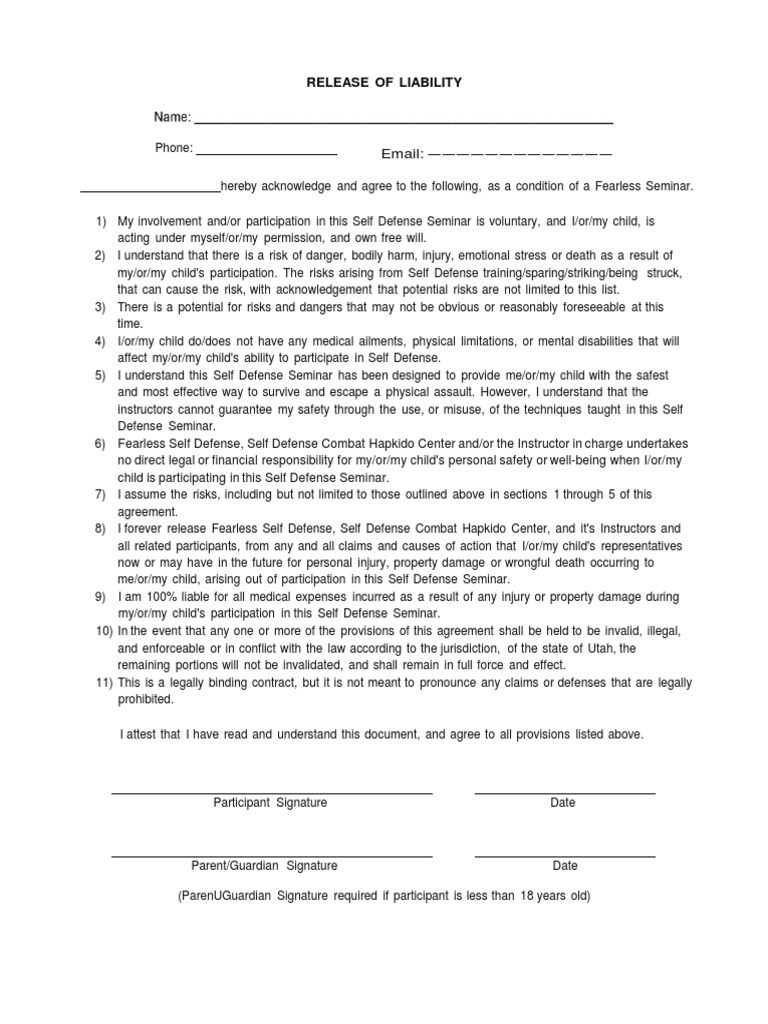 Self-Defense - Liability Waiver | PDF | Private Law | Justice