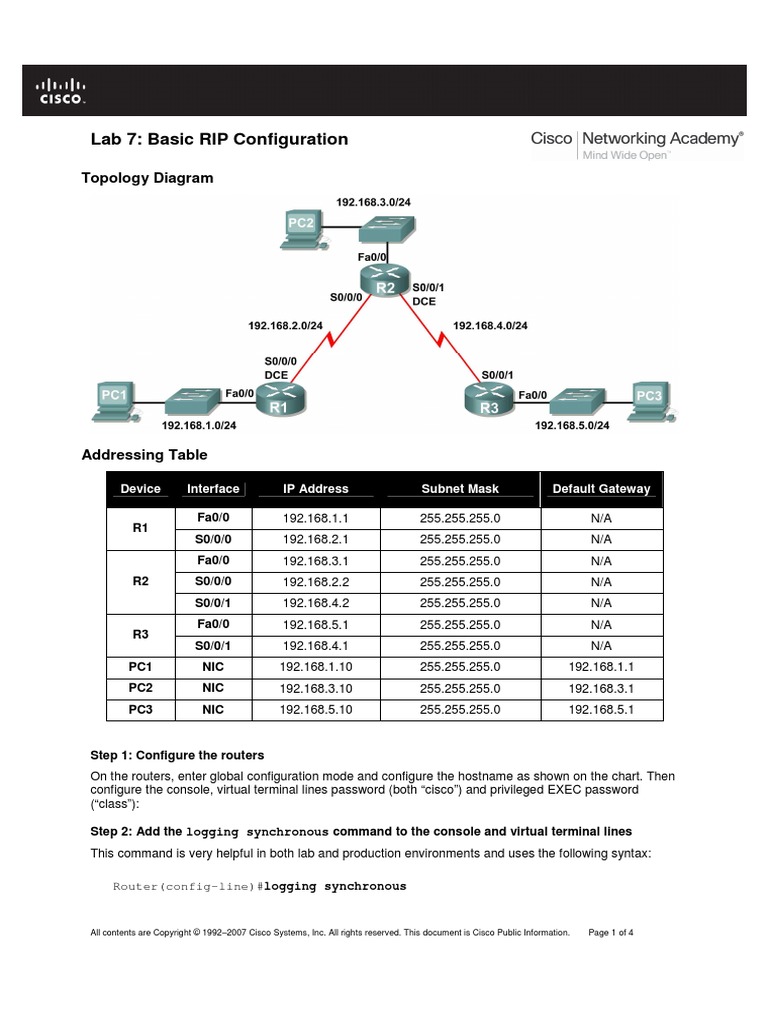 Lab 7: Basic RIP Configuration: Topology Diagram | PDF | Router (Computing) | Routing