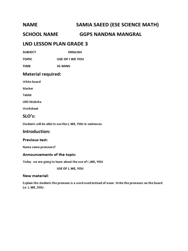 LND Lesson Plan of I We You..... - 1 | PDF | Language Arts & Discipline