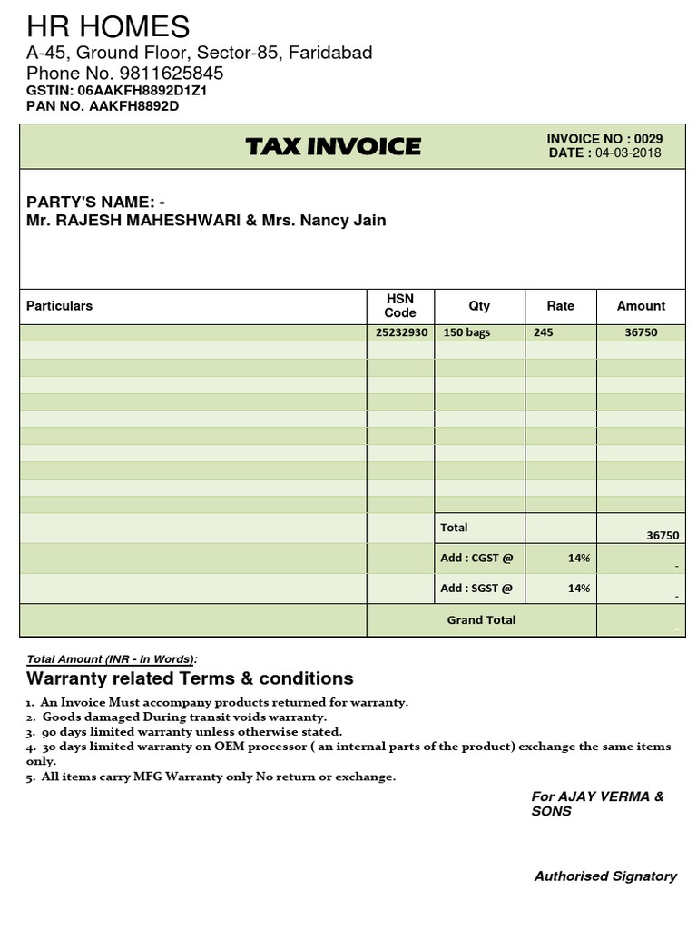 GST Tax Invoice for HR Homes | PDF