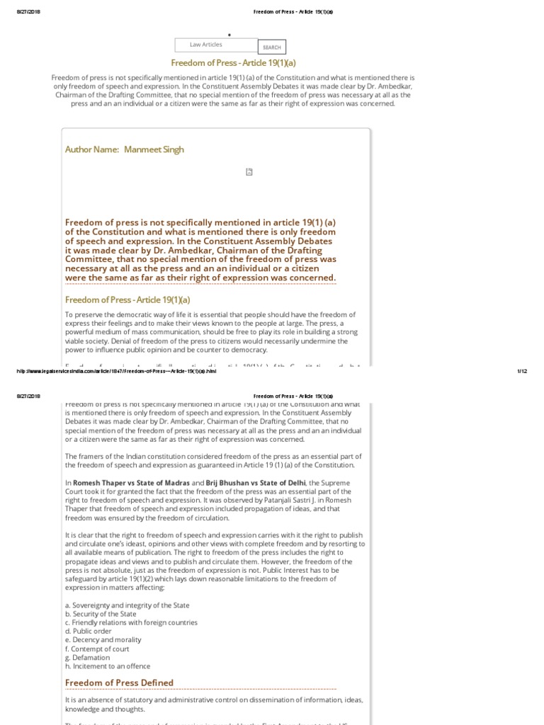 Freedom of Press - Article 19 (1) (A) | PDF | Freedom Of The Press ...