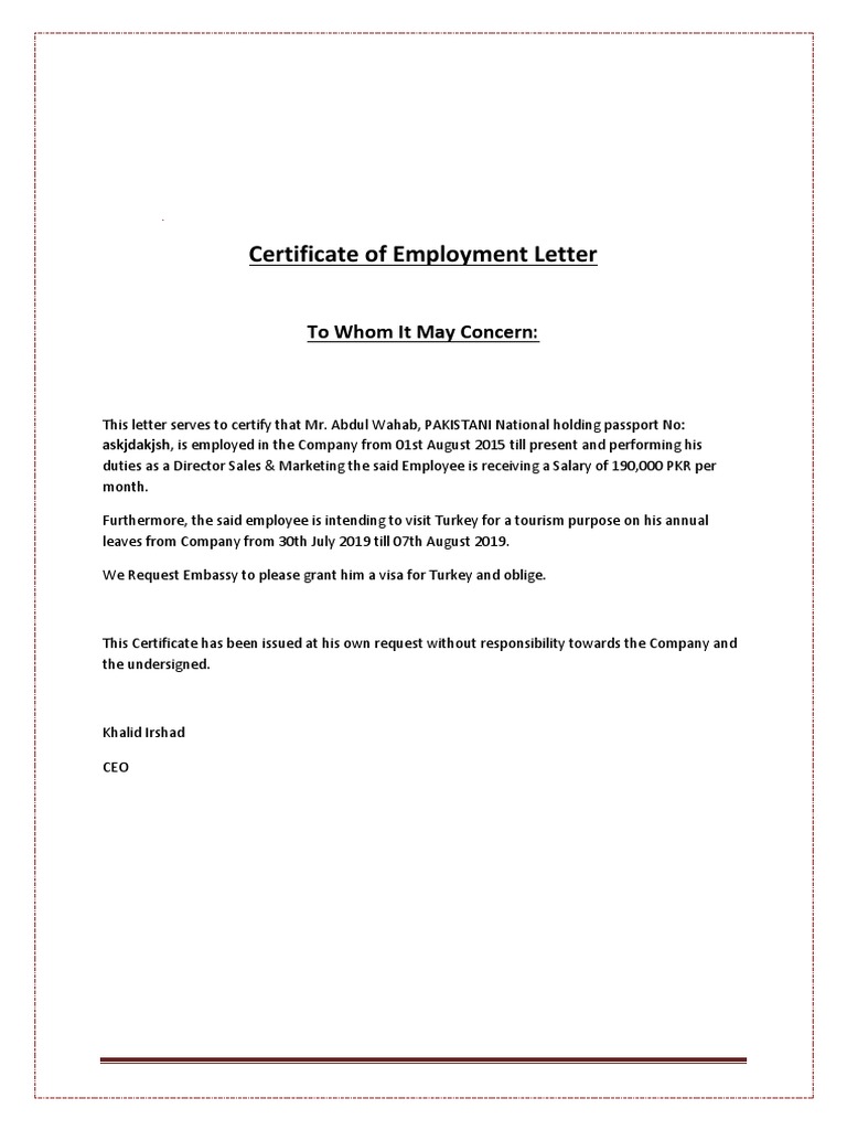 Certificate of Employment Letter: To Whom It May Concern | PDF