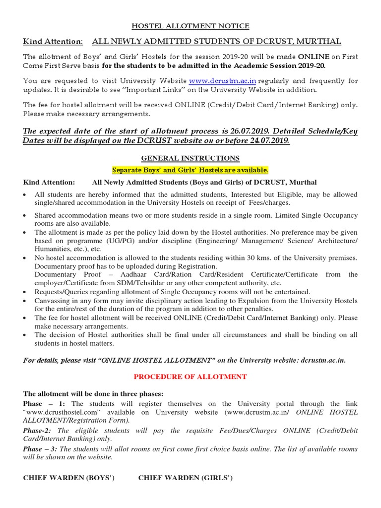 Hostel Allotment Notice For The Students Admitted in 2019 20 PDF | PDF ...