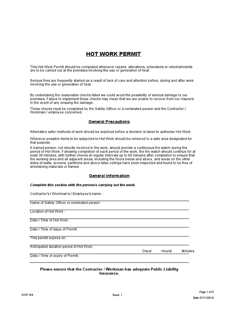 Hot Work Permit: General Precautions | PDF | Fires | Hazards