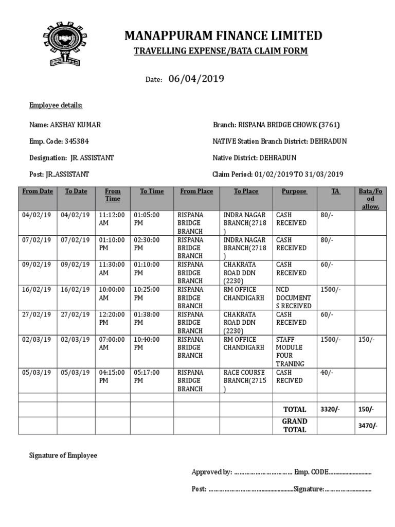 Manappuram Finance Limited: Travelling Expense/Bata Claim Form | PDF