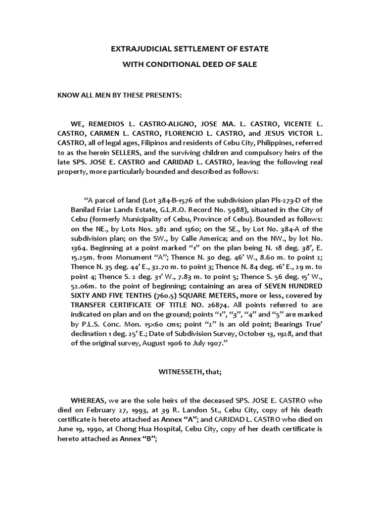 Extrajudicial Settlement of Estate With Conditional Deed of Sale | PDF ...