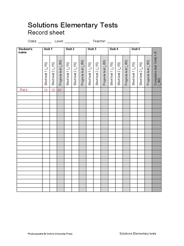Solutions Elementary Tests: Record Sheet | PDF