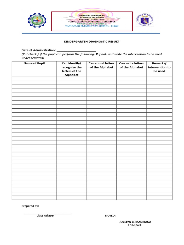 Kindergarten to Grade Three Diagnostic Results | PDF | Symbols ...