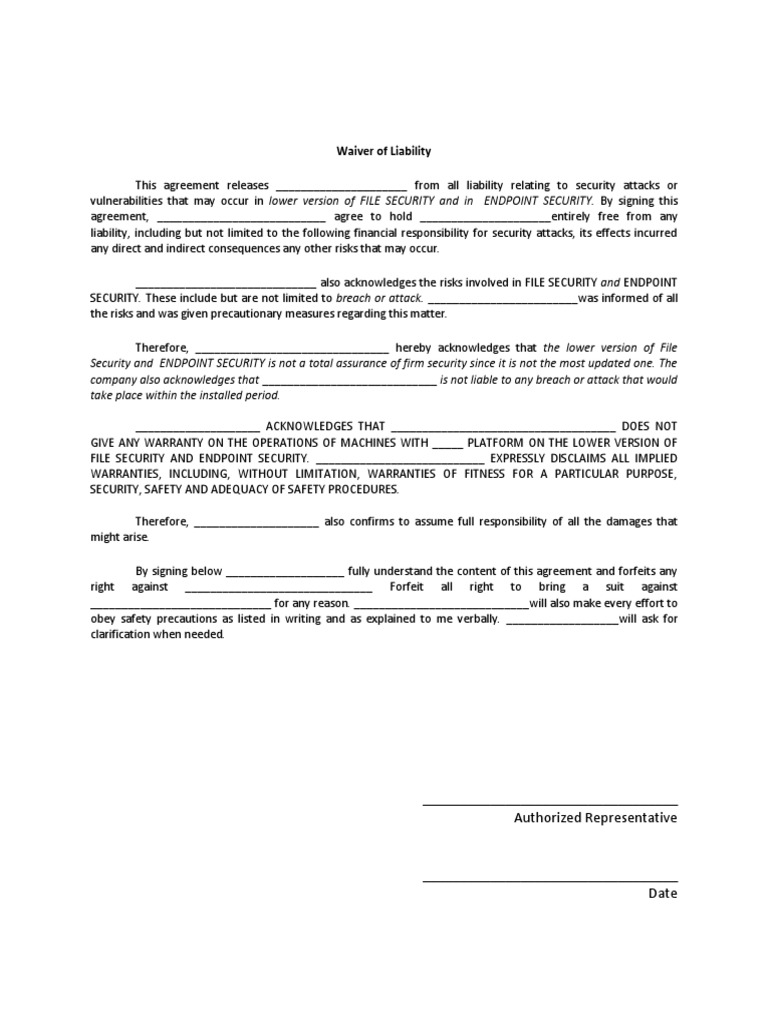 Waiver of Liability: - Authorized Representative | PDF | Computer ...