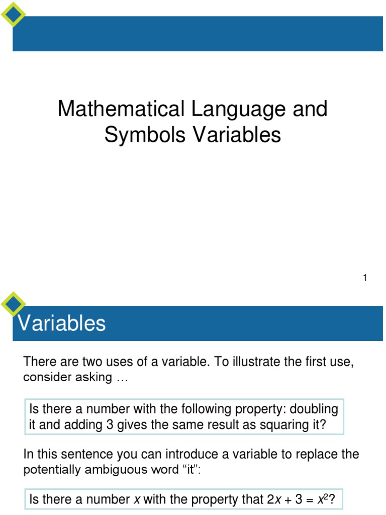 Mathematical Language and Symbols Variables | PDF | Mathematical Concepts | Teaching Mathematics